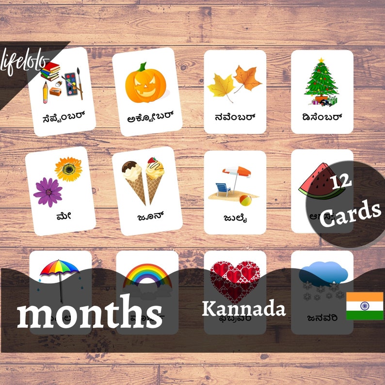 Months of the Year KANNADA Flash Cards 12 Bilingual Cards - Etsy