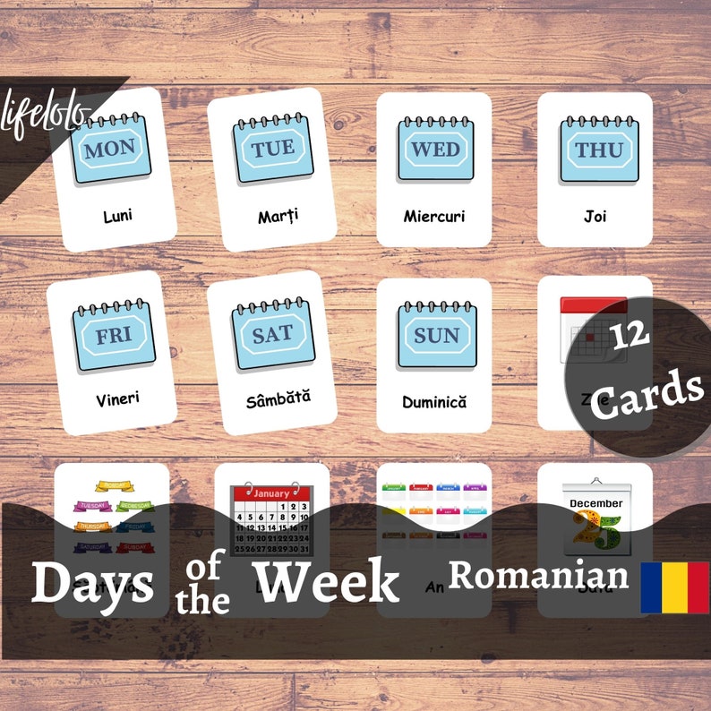Days of the Week ROMANIAN English Bilingual Cards 12 | Etsy