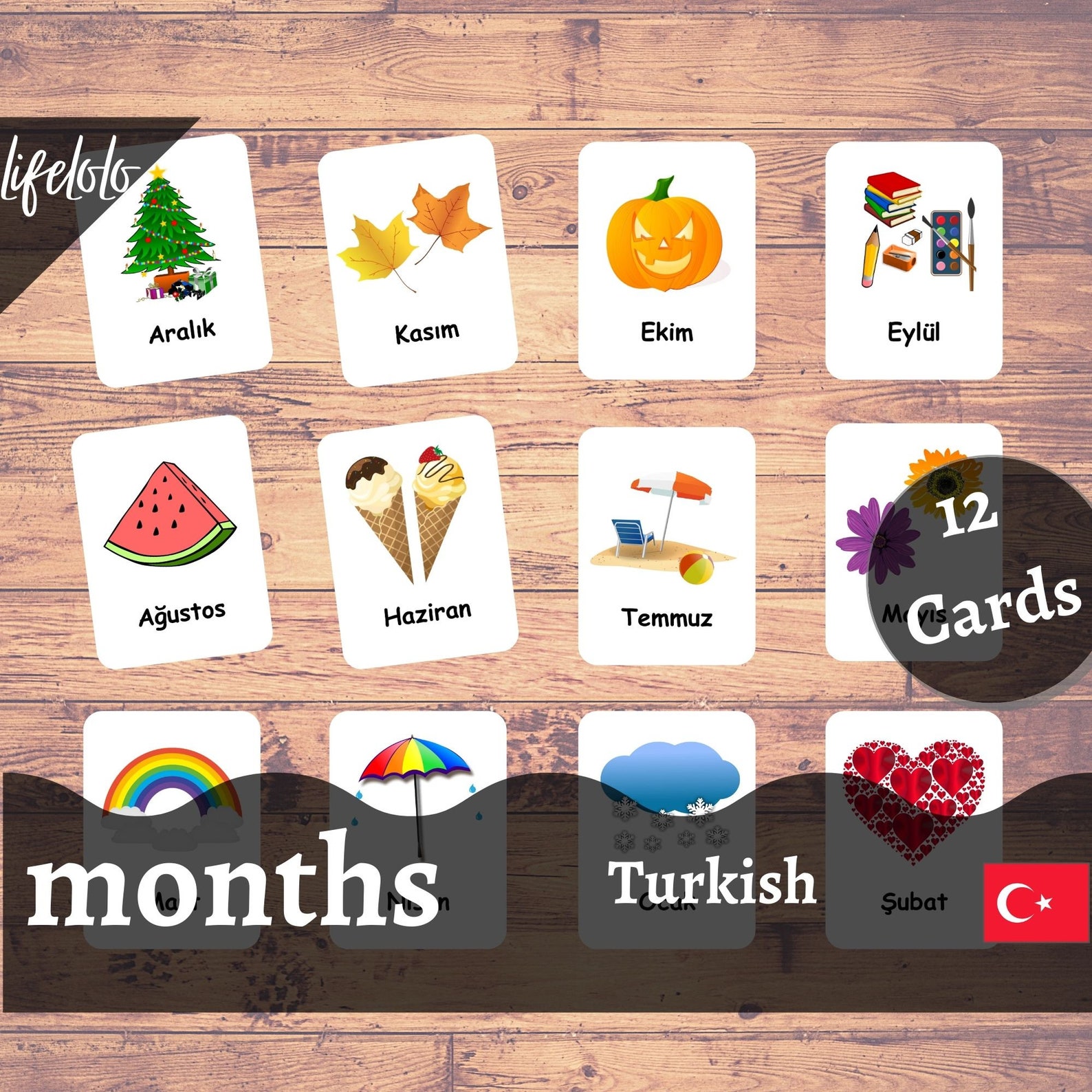 Months of the Year TURKISH Flash Cards 12 Bilingual Cards | Etsy