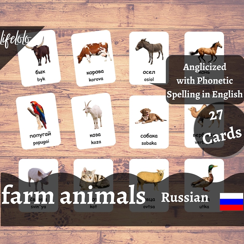 Farm Animals Russian Flash Cards, English Bilingual Cards, Montessori ...