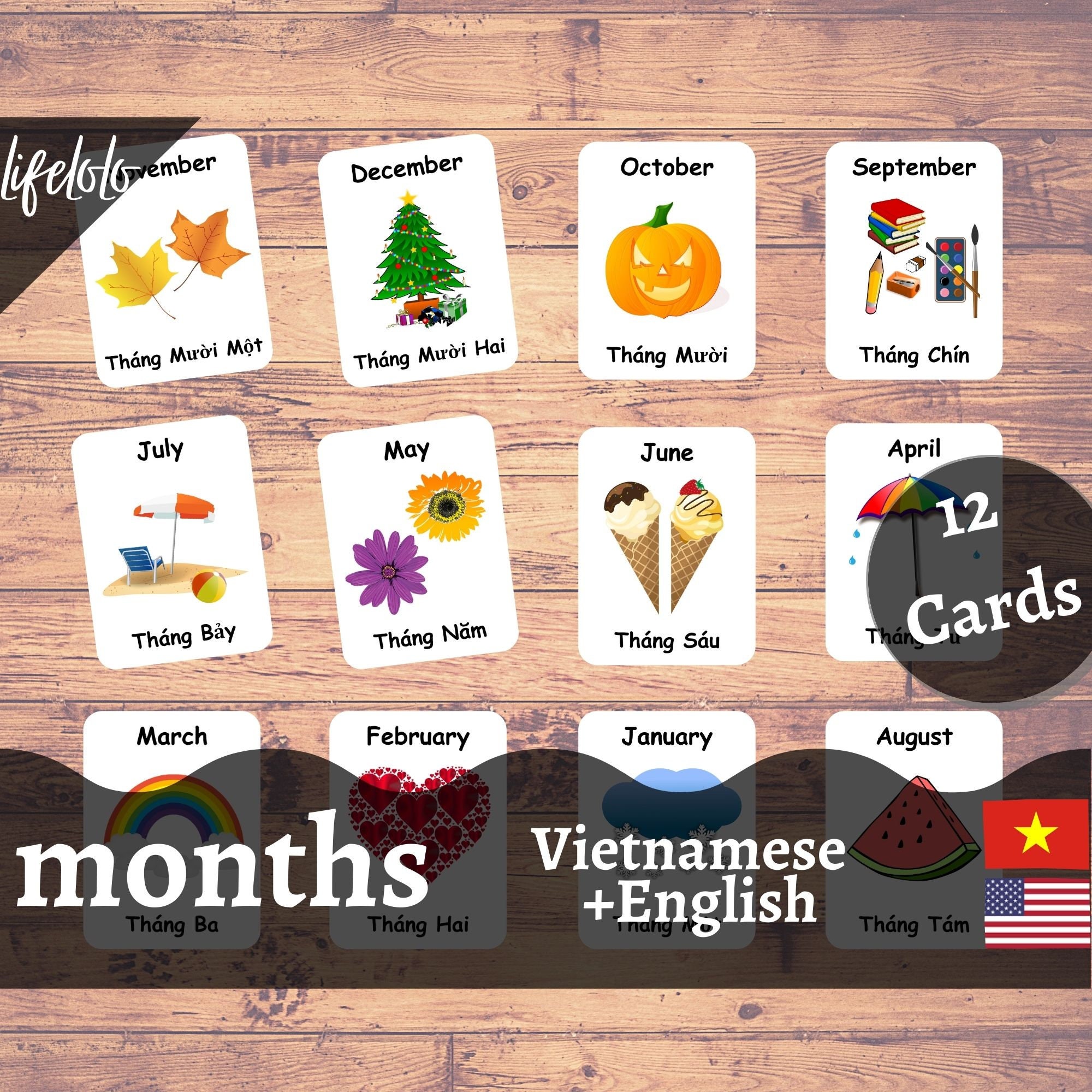 Months of the Year VIETNAMESE Flash Cards, 12 Bilingual Cards ...