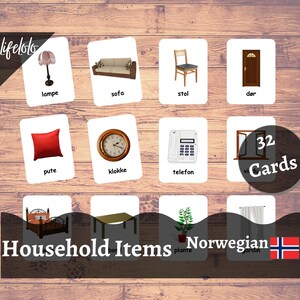 Household Items Norwegian Flash Cards, English Bilingual Cards ...