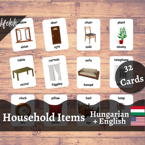 Household Items Hungarian Flash Cards English Bilingual | Etsy