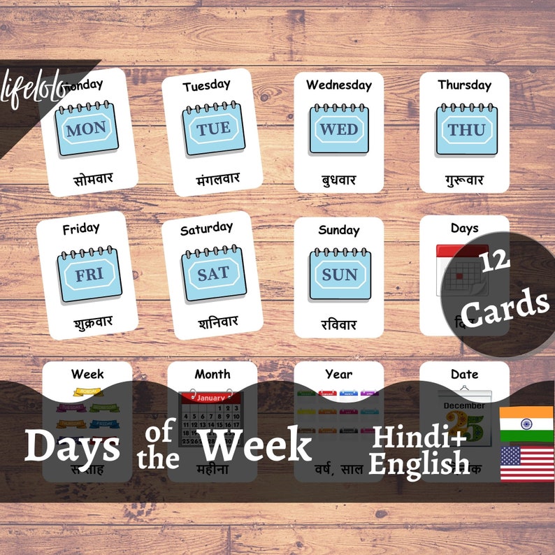 Days of the Week HINDI Flash Cards Printable 12 Bilingual - Etsy