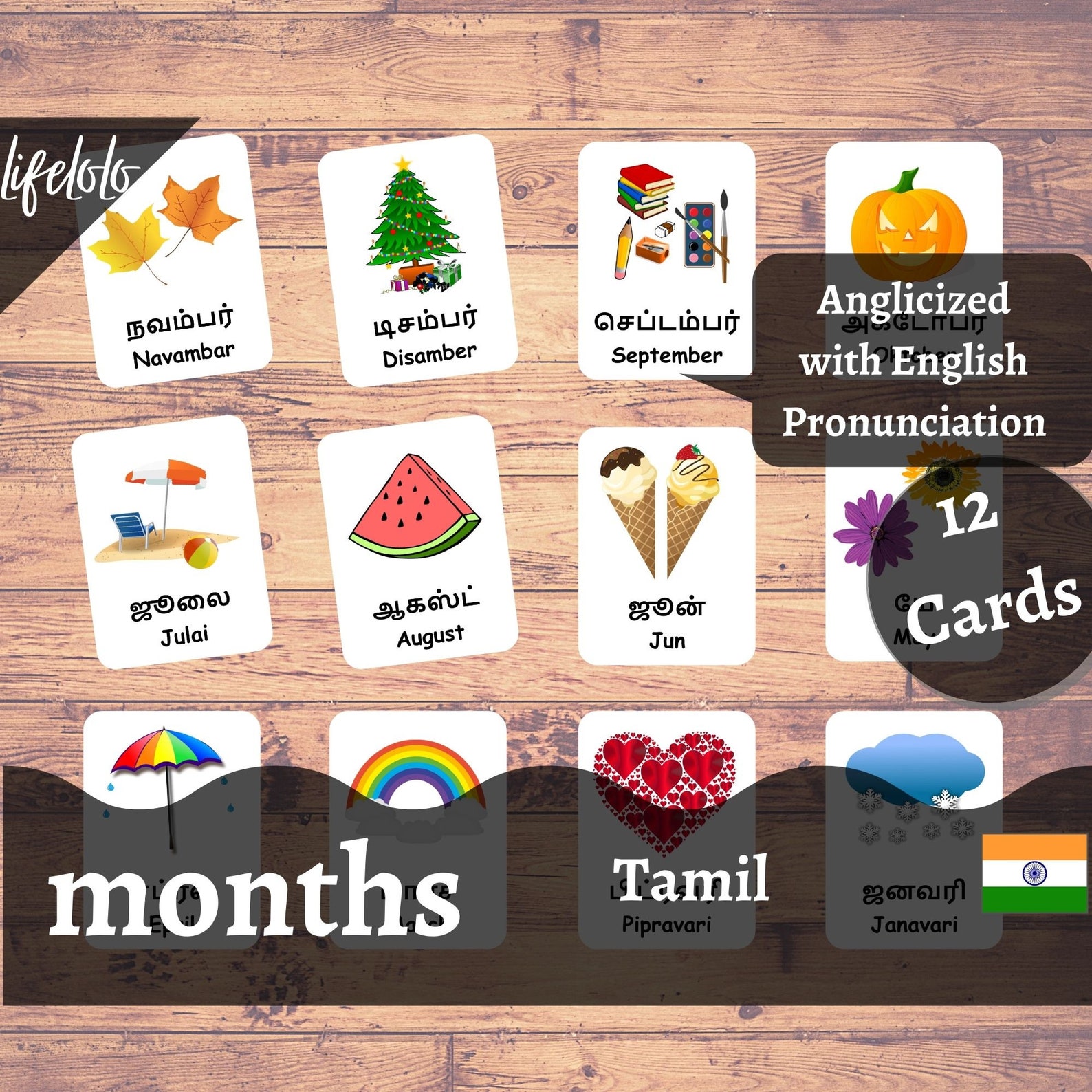 Months of the Year TAMIL Flash Cards, 12 Bilingual Cards, Montessori ...