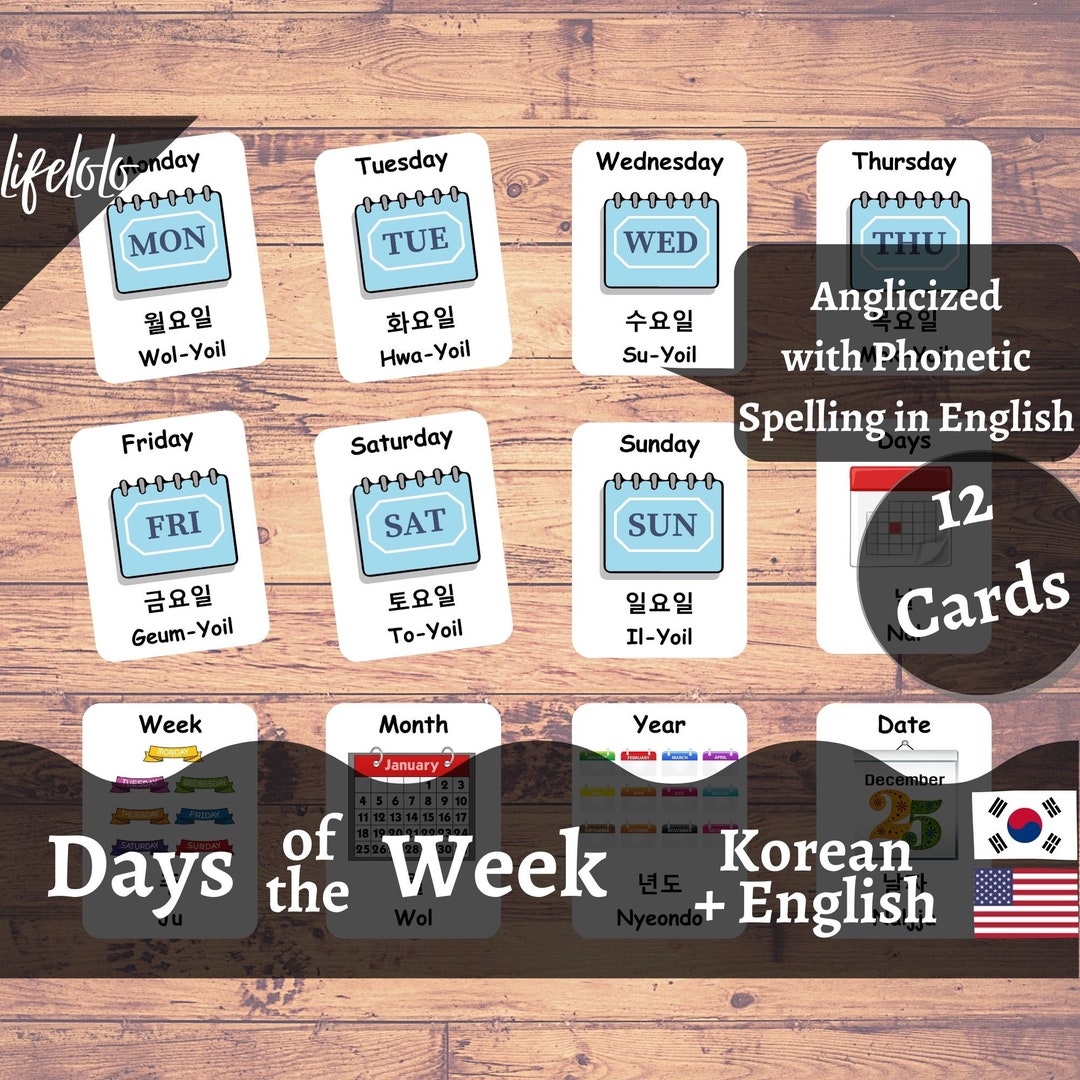 Days of the Week | KOREAN | English Bilingual Cards | 12 Korean Flash ...