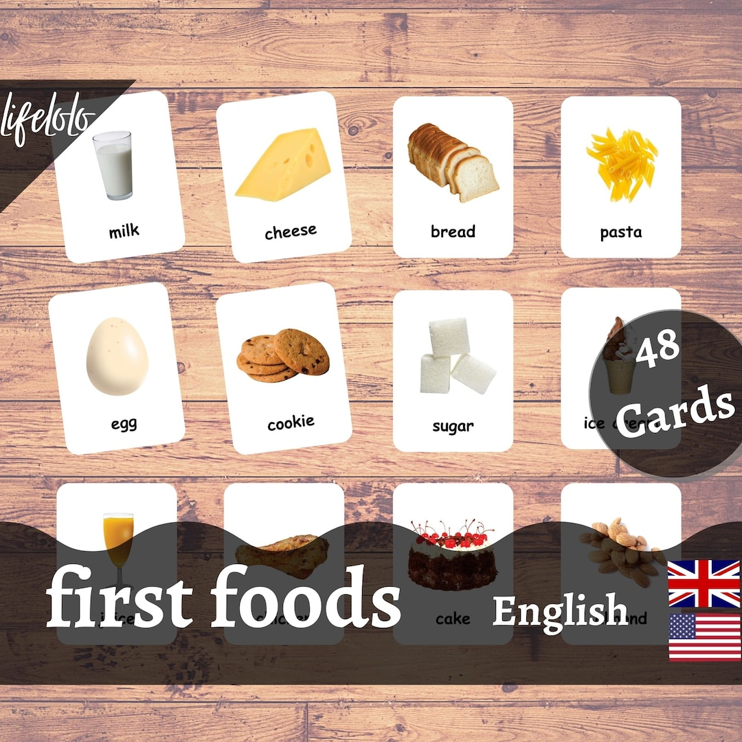 First Foods, 48 Flash Cards, US & UK English, Montessori Cards ...