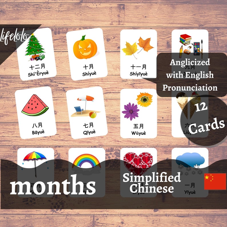 Months of the Year Simplified CHINESE Flash Cards 12 | Etsy
