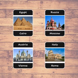 World Countries and Capitals (set 1) | 100 Flash Cards, Montessori ...