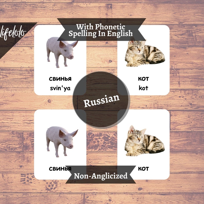 Farm Animals Russian Flash Cards, English Bilingual Cards, Montessori ...