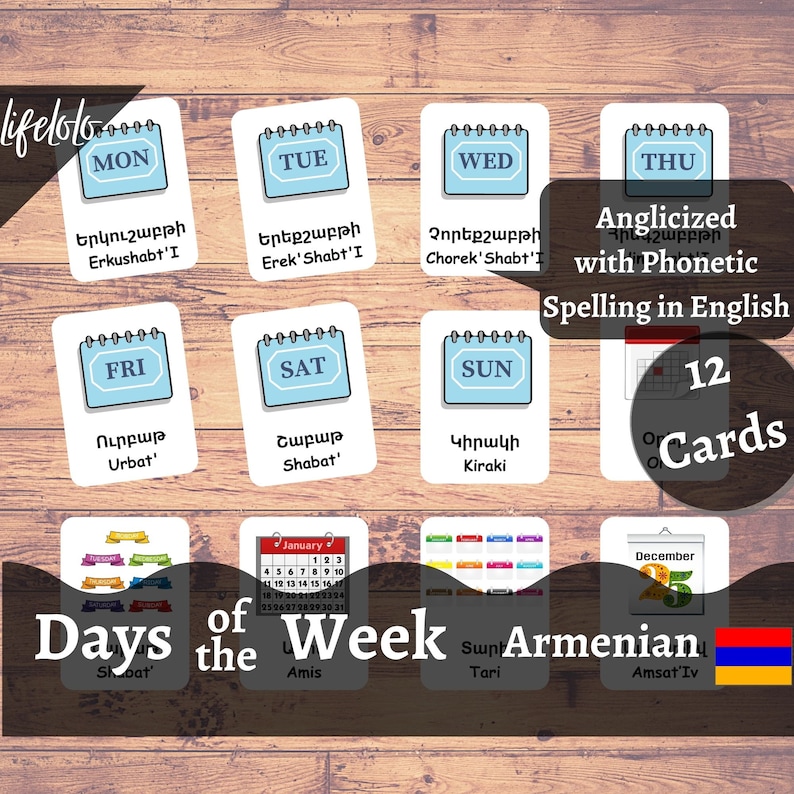 Days of the Week | ARMENIAN | English Bilingual Cards | 12 Armenian ...