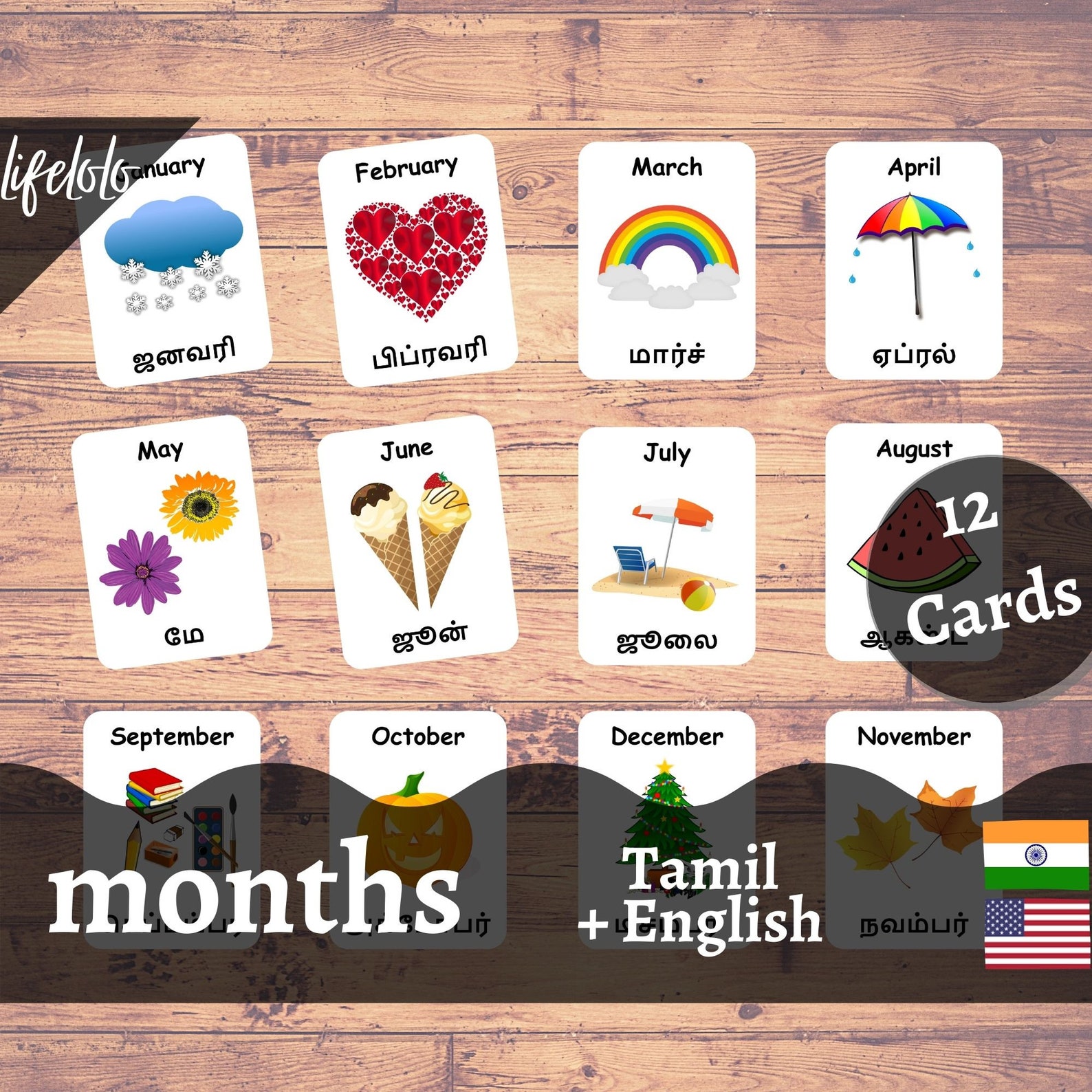 Months of the Year TAMIL Flash Cards, 12 Bilingual Cards, Montessori ...