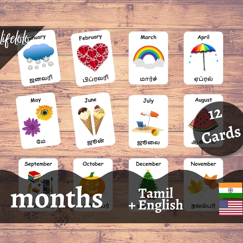 Months of the Year TAMIL Flash Cards 12 Bilingual Cards - Etsy