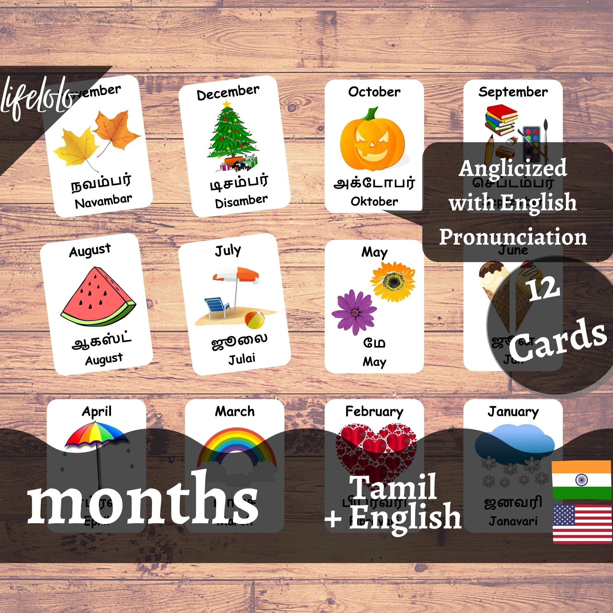 Months of the Year TAMIL Flash Cards, 12 Bilingual Cards, Montessori ...