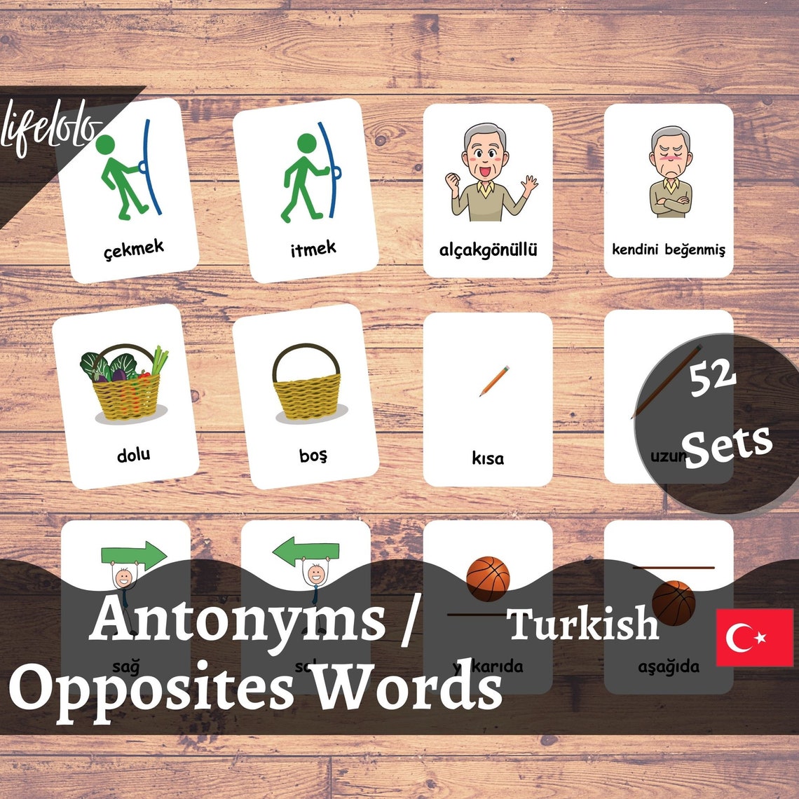 Antonyms Turkish Flashcards English Bilingual Cards 104 - Etsy