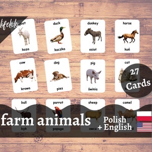 Farm Animals Polish Flash Cards English Bilingual Cards - Etsy