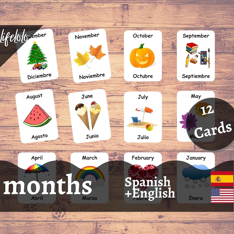 Months of the Year SPANISH Flash Cards 12 Bilingual Cards | Etsy