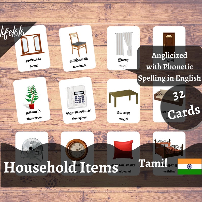 Household Items TAMIL Flash Cards English Bilingual Cards - Etsy