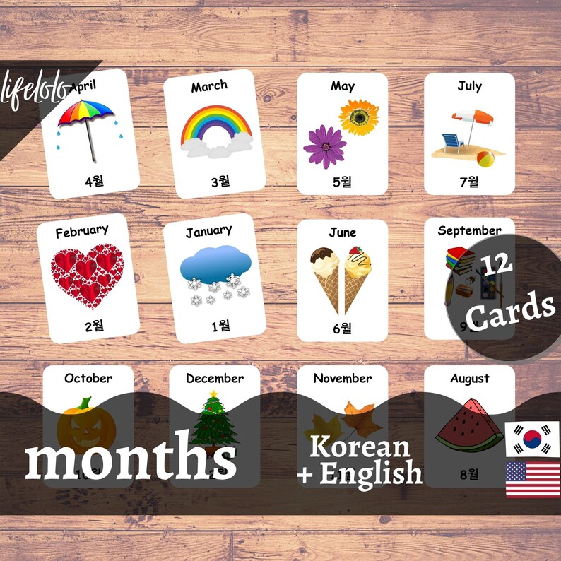 Months of the Year KOREAN Flash Cards 12 Bilingual Cards - Etsy