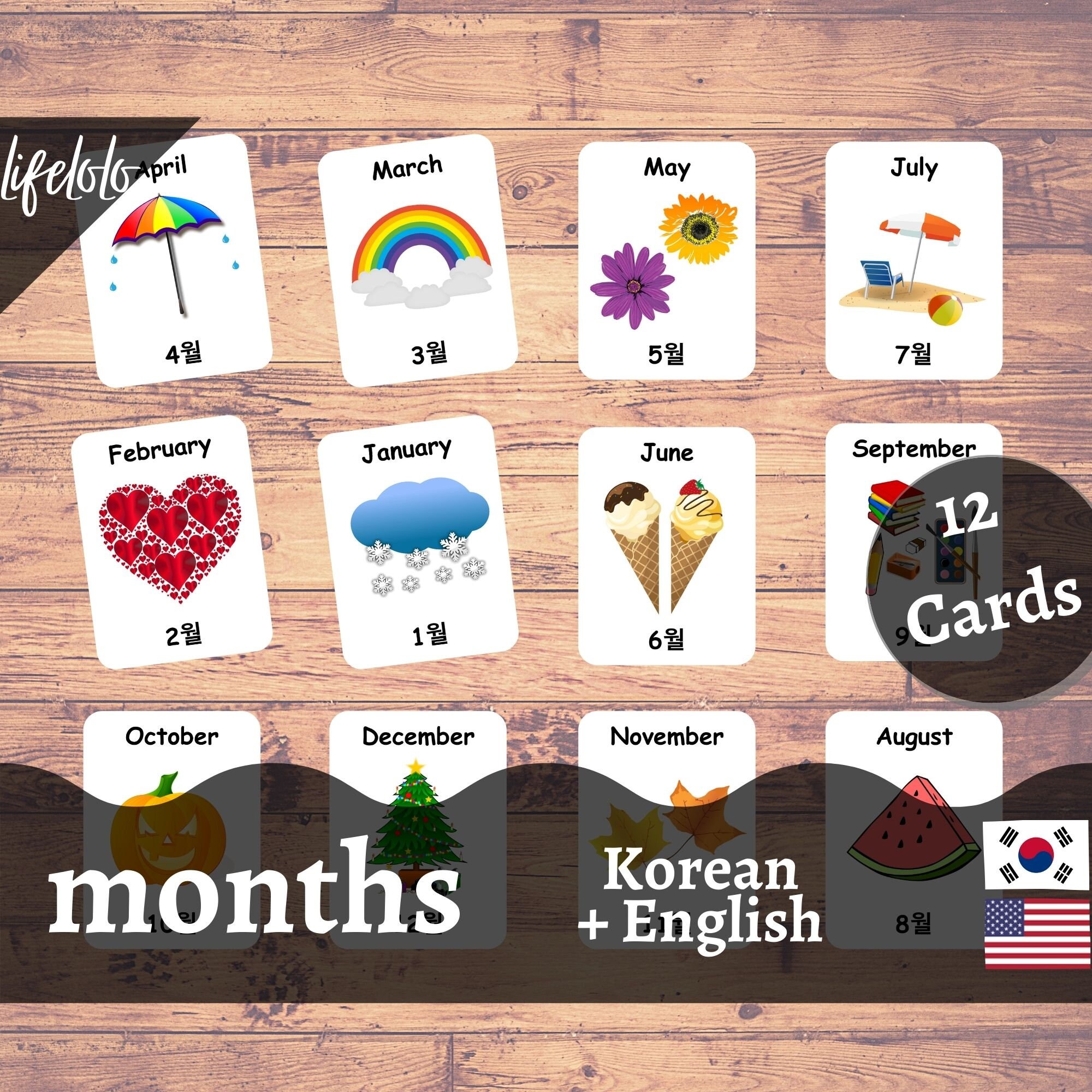 Months of the Year KOREAN Flash Cards 12 Bilingual Cards | Etsy