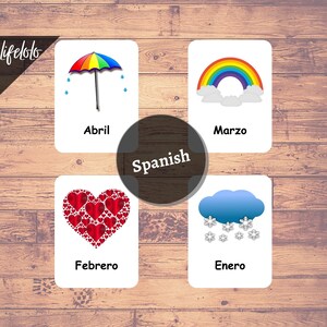 Months of the Year SPANISH Flash Cards, 12 Bilingual Cards, Montessori ...