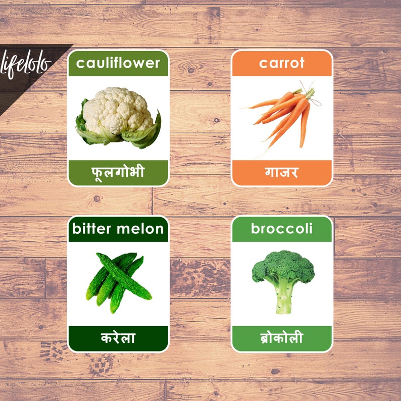 Vegetables Flash Cards in HINDI REAL Pictures 48 English - Etsy