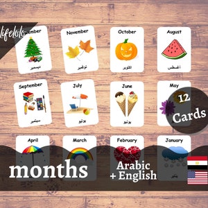 Months of the Year ARABIC Flash Cards, 12 Bilingual Cards, Montessori ...