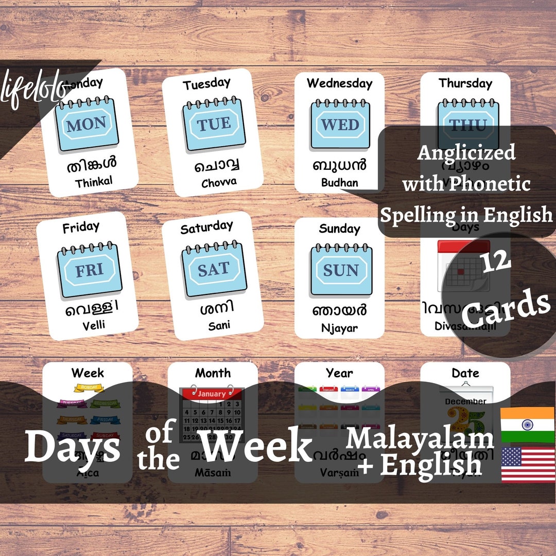 Days of the Week MALAYALAM English Bilingual Cards 12 Malayalam Flash ...