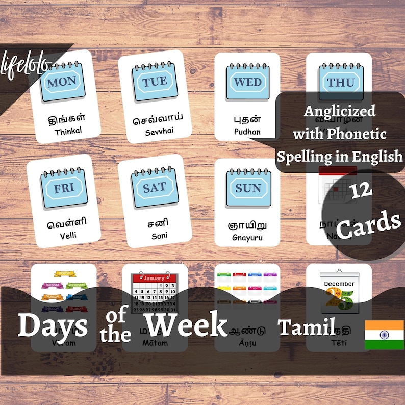 Days of the Week TAMIL English Bilingual Cards 12 Tamil | Etsy