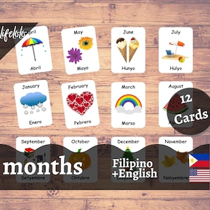 Months of the Year FILIPINO Flash Cards, 12 Bilingual Cards, Montessori ...