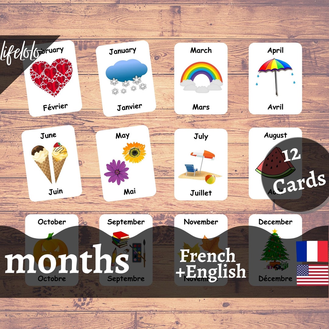 Months of the Year FRENCH Flash Cards, 12 Bilingual Cards, Montessori ...