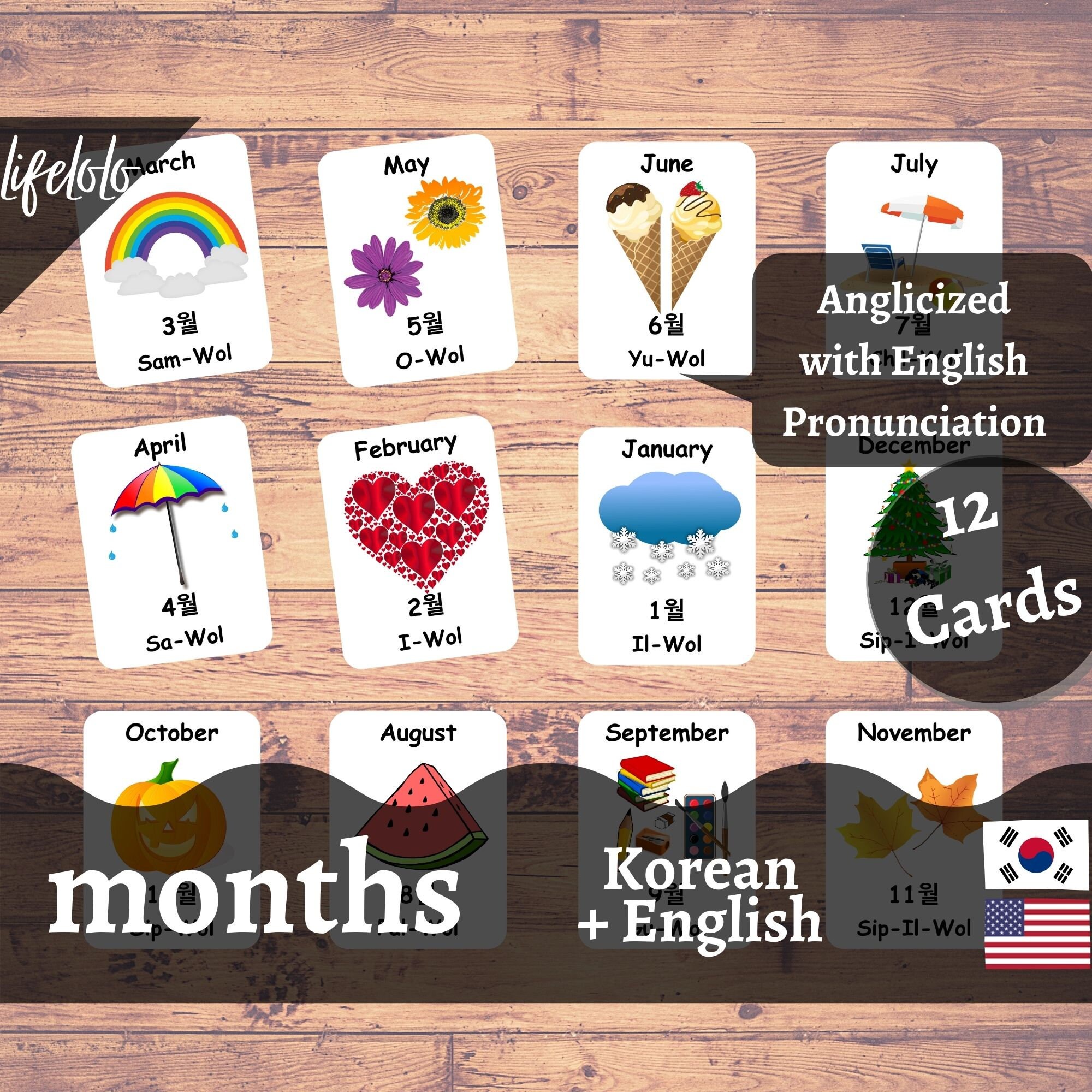 Months of the Year KOREAN Flash Cards 12 Bilingual Cards | Etsy