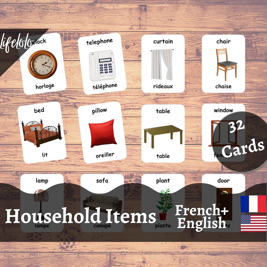 Household Items FRENCH Flash Cards, English Bilingual Cards, Montessori ...
