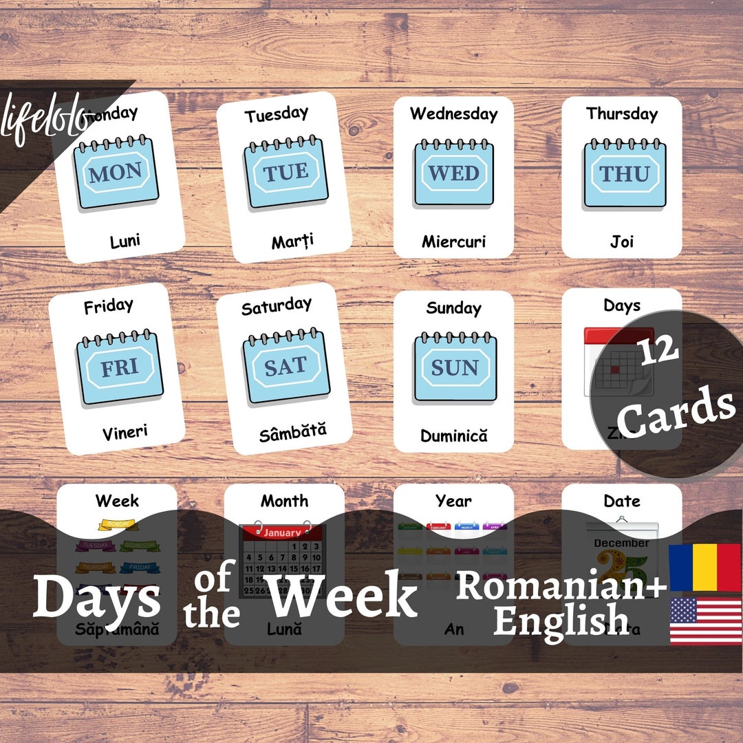 Days of the Week | ROMANIAN | English Bilingual Cards | 12 Romanian ...