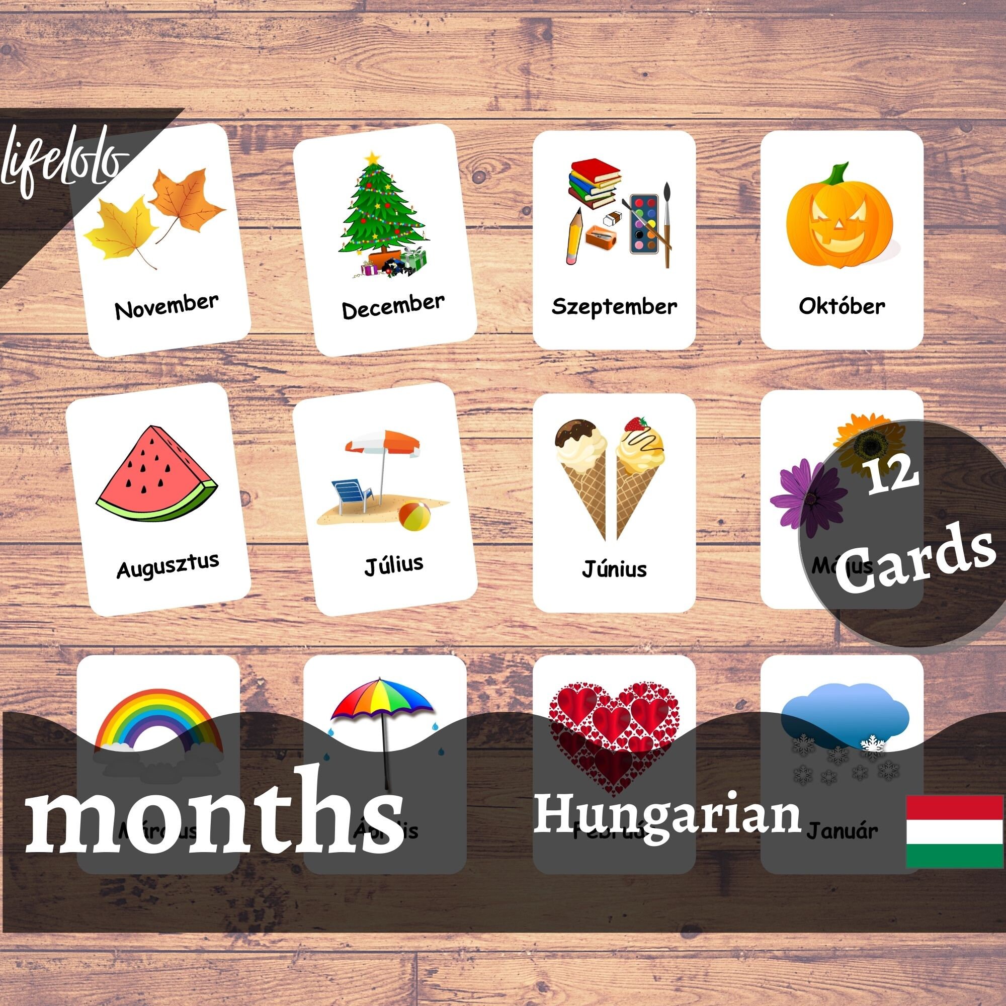 Months of the Year HUNGARIAN Flash Cards 12 Bilingual Cards | Etsy