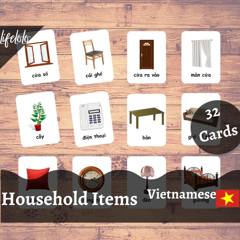 Household Items Vietnamese Flash Cards English Bilingual | Etsy