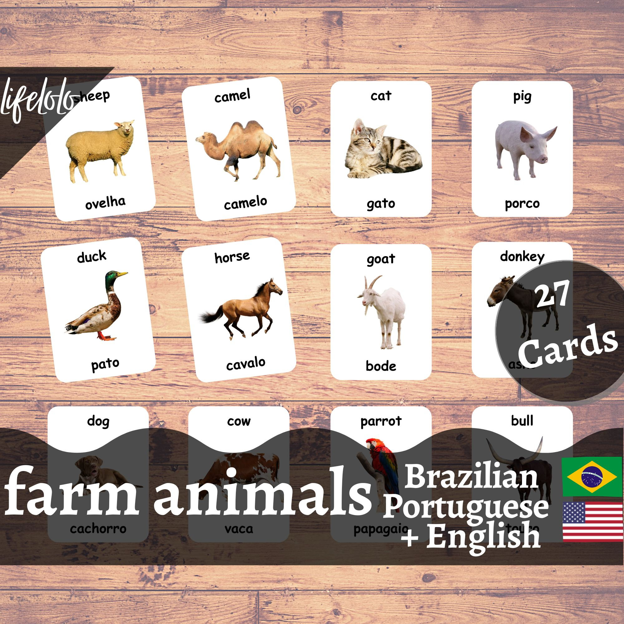 Farm Animals | Brazilian PORTUGUESE | English Bilingual Cards | 27 ...