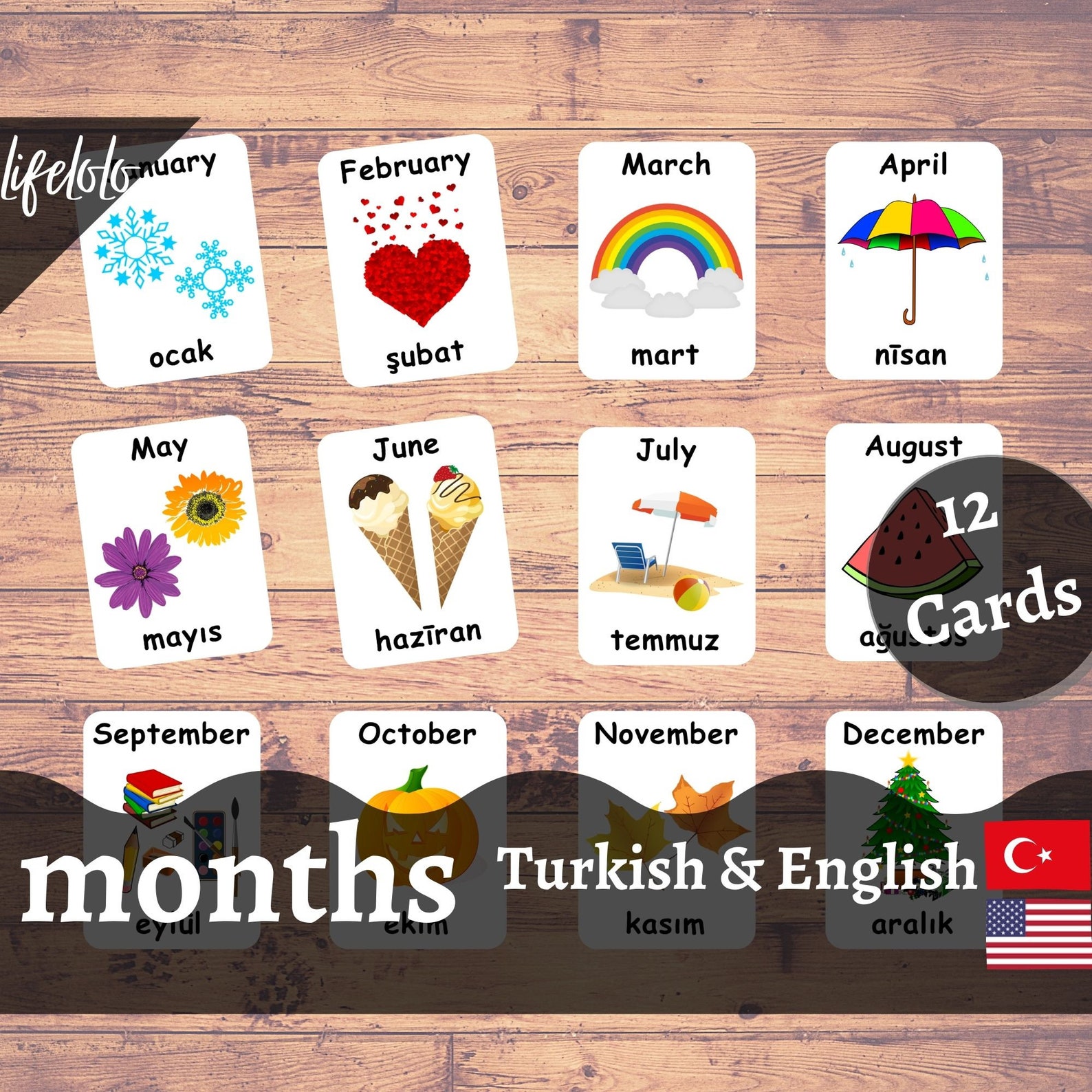 Months of the Year TURKISH Flash cards 12 Bilingual Cards | Etsy