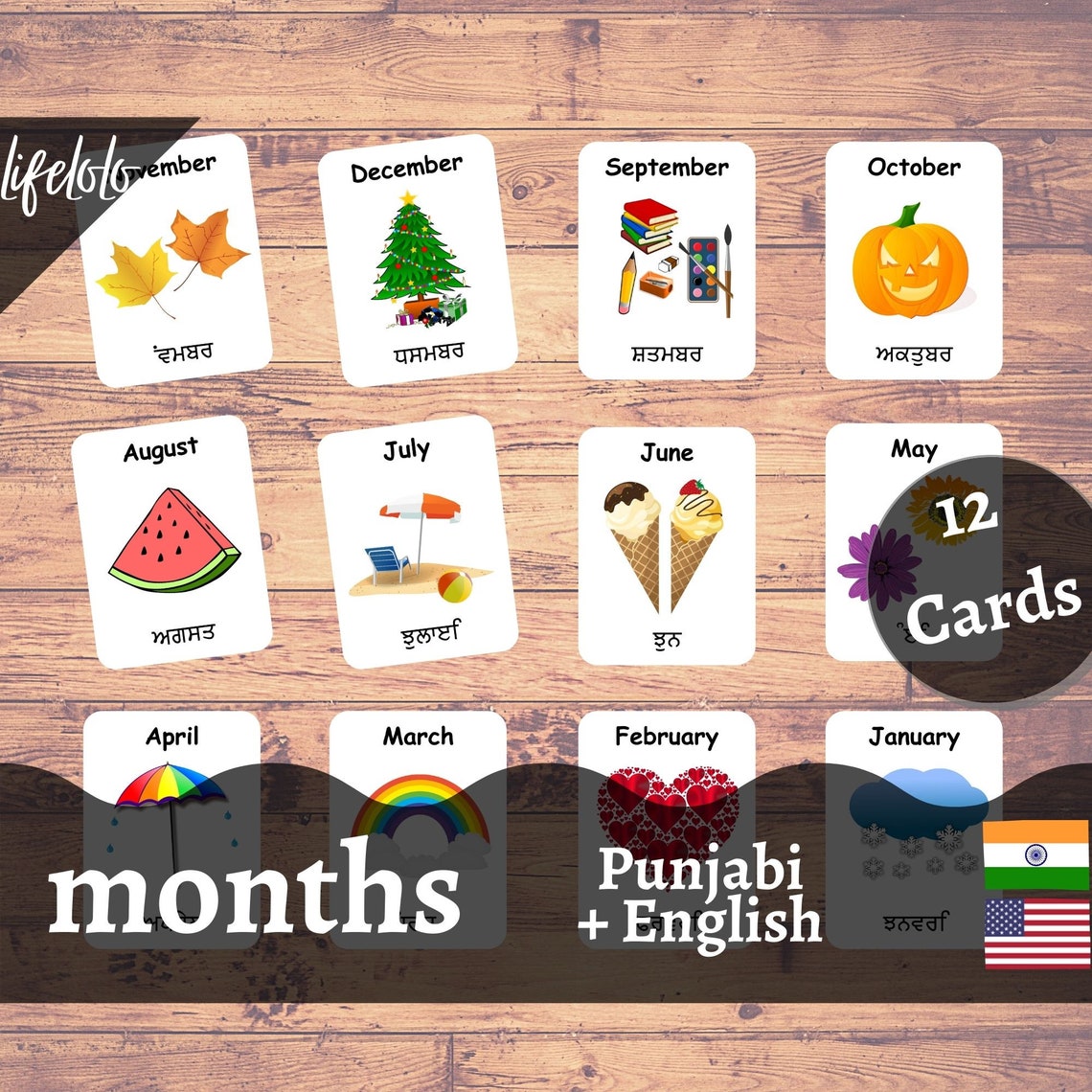 Months of the Year PUNJABI Flash Cards 12 Bilingual Cards | Etsy