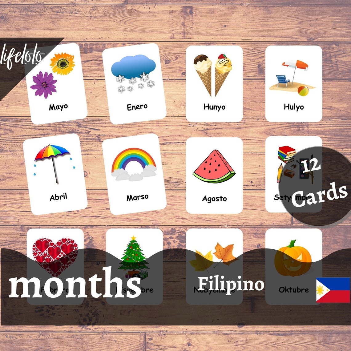 Months of the Year FILIPINO Flash cards 12 Bilingual Cards | Etsy