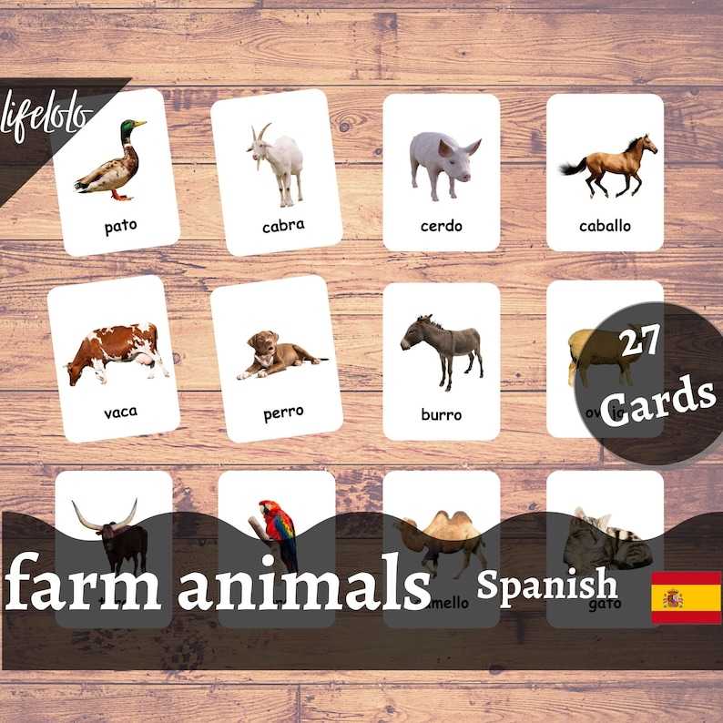 Farm Animals SPANISH English Bilingual Cards 27 Spanish | Etsy