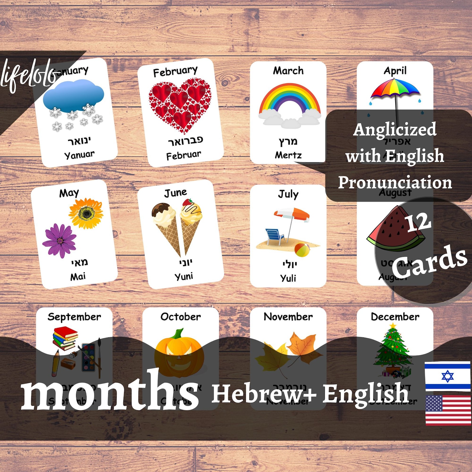Months of the Year HEBREW Flash Cards 12 Bilingual Cards - Etsy