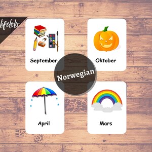 Months of the Year NORWEGIAN Flash Cards, 12 Bilingual Cards ...