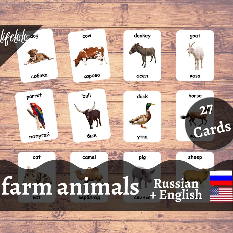 Farm Animals Russian Flash Cards English Bilingual Cards | Etsy