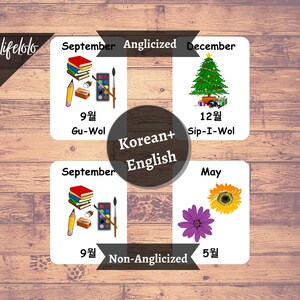 Months of the Year KOREAN Flash Cards, 12 Bilingual Cards, Montessori ...