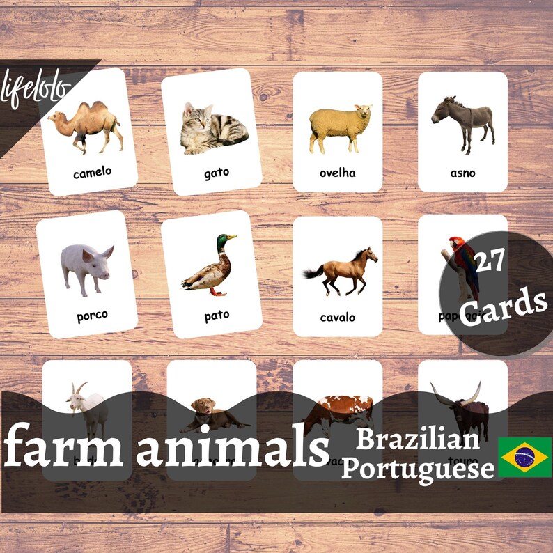 Farm Animals Brazilian PORTUGUESE English Bilingual Cards - Etsy