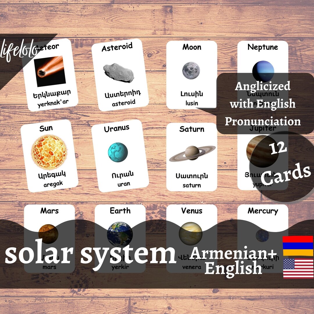 Solar System Armenian Flash Cards, English Bilingual Cards, Montessori ...