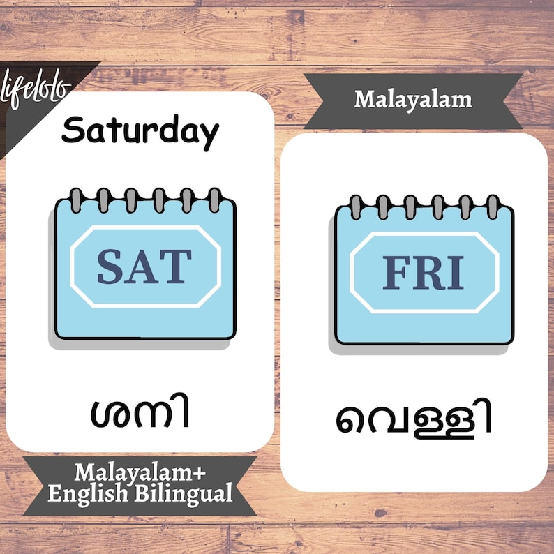 Days of the Week | MALAYALAM | English Bilingual Cards | 12 Malayalam ...