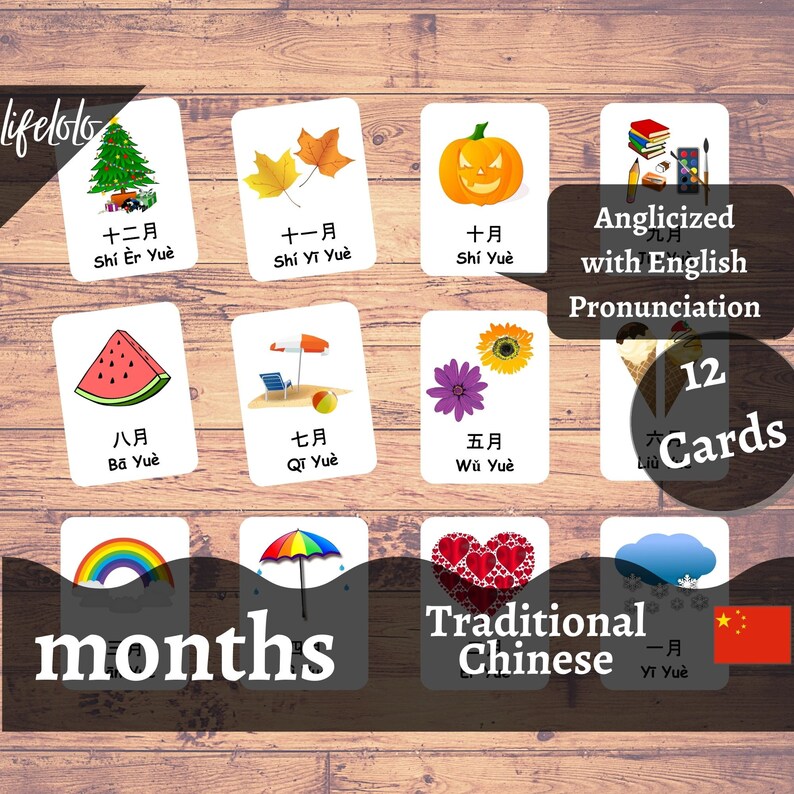 Months of the Year Traditional CHINESE Flash Cards 12 - Etsy