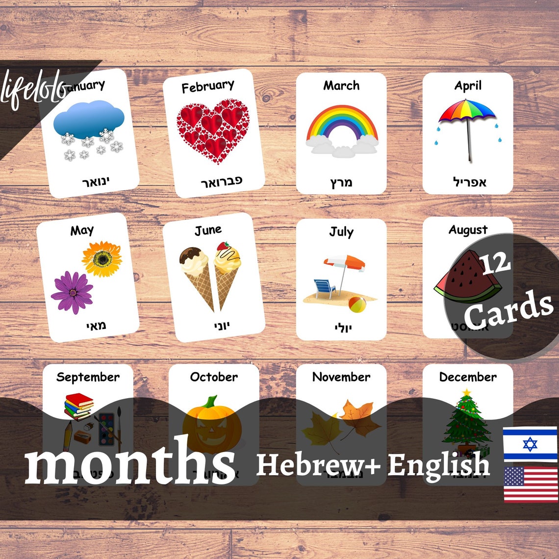 Months of the Year HEBREW Flash Cards 12 Bilingual Cards - Etsy
